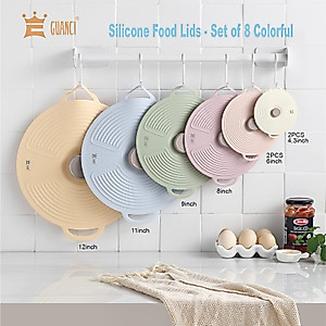 GUANCI Set of 8 Silicone Lids, Reusable Suction Microwave Food Storage Cover Food-Grade Grip fits Cups, Bowls, Plates, Pots, Fridge Dishwasher Safe