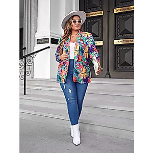 WDIRARA Women's Plus Size Floral Print Blazer Button Open Front Long Sleeve Jacket Multicolor 1XL
