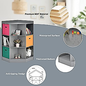 Costzon 9-Cubby Kids Bookcase with Extra Large Storage Baskets, Multi-Bin Children's Organizer Shelf with 6 Cubes and 3 Shelves, Wooden Storage Sideboard Suitable for Playroom, Decor Room (Gray)