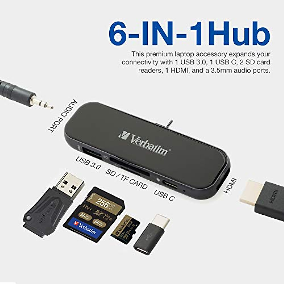 Verbatim 6-in-1 USB C Hub Adapter - 100W Power Delivery, USB 3.0 Ports, SD Card Readers, 3.5mm Audio Port for USB C Laptops + 6FT Monster 4K Ultra HDMI Cable