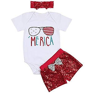 UNIQUEONE 3Pcs Baby Girls Merica Flag Stars Print Romper Bodysuit Sequins Shorts+Headbands Sets