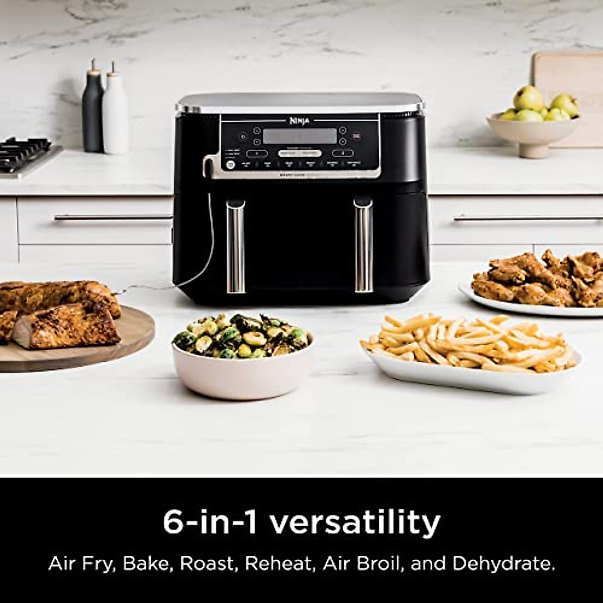 Ninja DZ550 Foodi 10 Quart 6-in-1 DualZone Smart XL Air Fryer with 2 Independent Baskets, Smart Cook Thermometer for Perfect Doneness, Match Cook & Smart Finish to Roast, Dehydrate & More, Grey