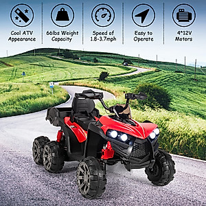 Costzon Kids ATV, 12V Battery Powered 6 Wheels Electric Vehicle w/ 4WD, Back Trunk, LED Lights, Music, Story, USB, Backrest, Treaded Tires, Ride on Car Quad for Boys & Girls Gift, Ride on ATV (Red)