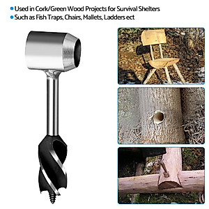 eSynic Bushcraft Hand Auger Wrench, eSynic Scotch Eye Wood Auger with Leather Holster and Rubber Hammer, Survival Tools for Bushcraft Woodworking Hand Drill Set for Outdoor, Camping, Peg Hole Maker