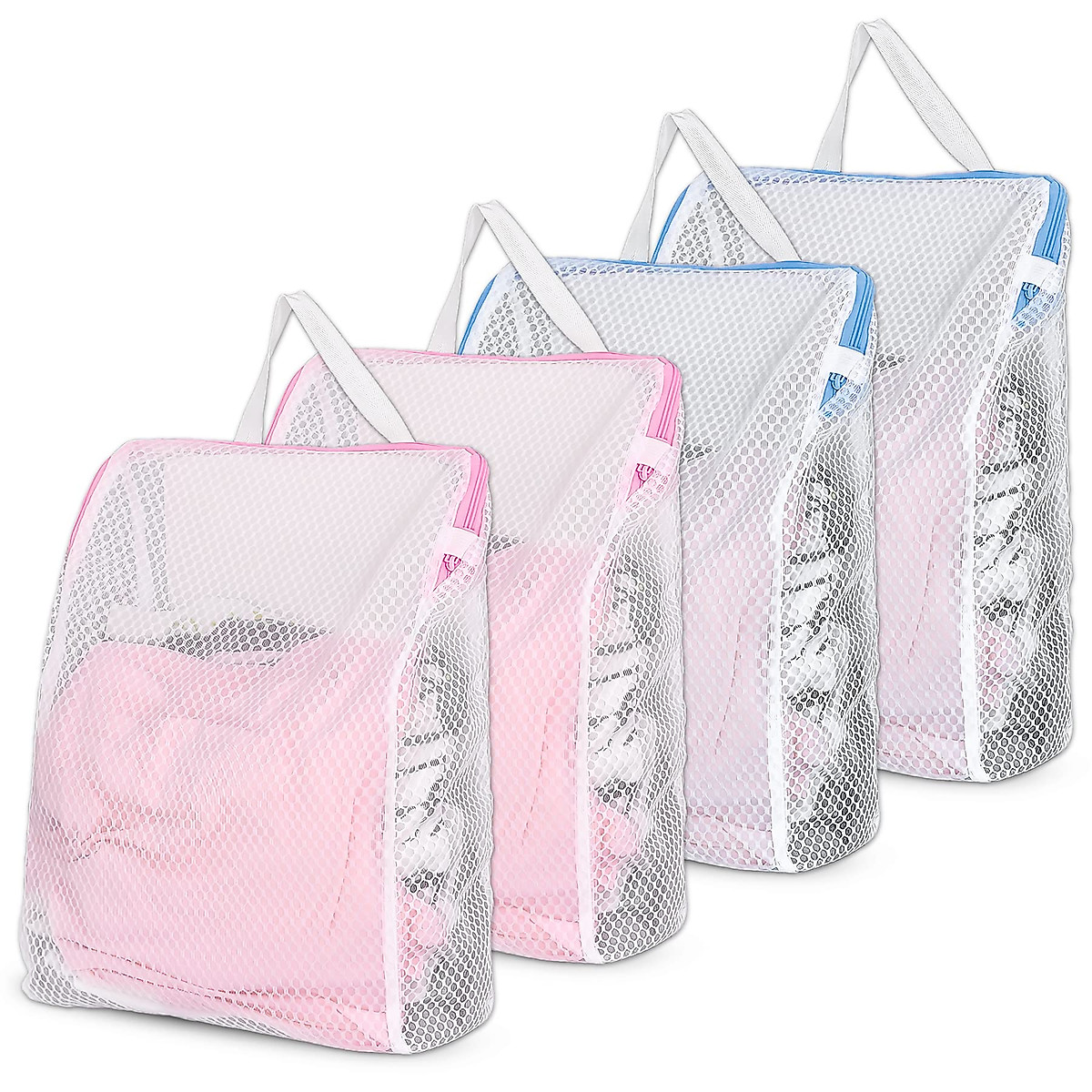 Nufiwra 4Pcs Large Mesh Laundry Bags with Handles, 15.7 x 11.8 Inch Side Widening Zippered Delicate Bag for Washing Machine, Ideal for Washing Socks, Baby Items, Lingerie, Travel Garments