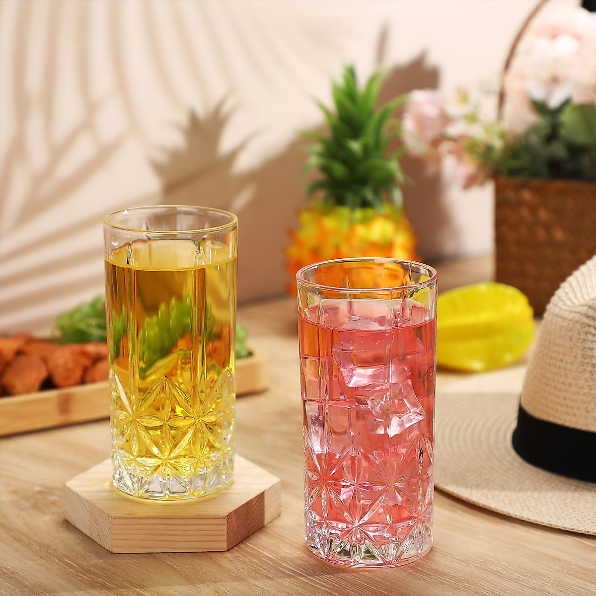 Uiifan Set of 12 Tall Highball Glasses 12 oz Crystal Drinking Glasses Clear Fancy Glass Cups Vintage Textured Designer Glassware for Cocktail Tea Water Beer Soda Beverages, Dishwasher Safe