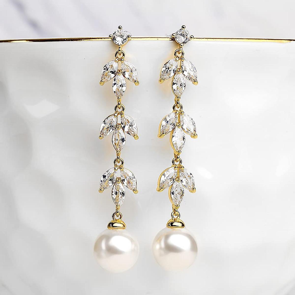 14K Gold Natural Crystal Pearl Dangle Earrings for Women, Simple Leaf Long Dangle Earrings, Fashion Christmas Jewelry Gift (Yellow Gold, 14K)