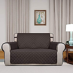 PureFit Reversible Quilted Sofa Cover, Water Resistant Medium Slipcover Furniture Protector, Washable Couch Cover with Non Slip Foam and Elastic Straps for Kids, Dogs, Pets (Loveseat, Chocolate/Beige)