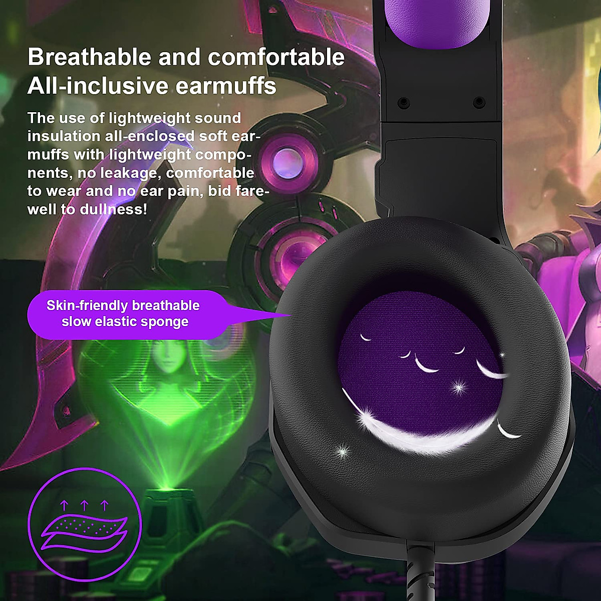 Anivia Over Ear Headphones Wired with Surround Sound, Bass, Volume-Control, Soft Memory Earmuffs for Multi-Platforms - 3.5mm Headsets Stereo Gaming Headset with Microphone - Black Purple