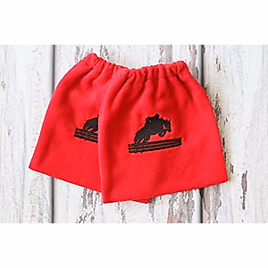 English Stirrup Covers, Stirrup Bag, Equine Iron Covers, Elastic Closing, Red, Embroidered Jumping Horse and Rider