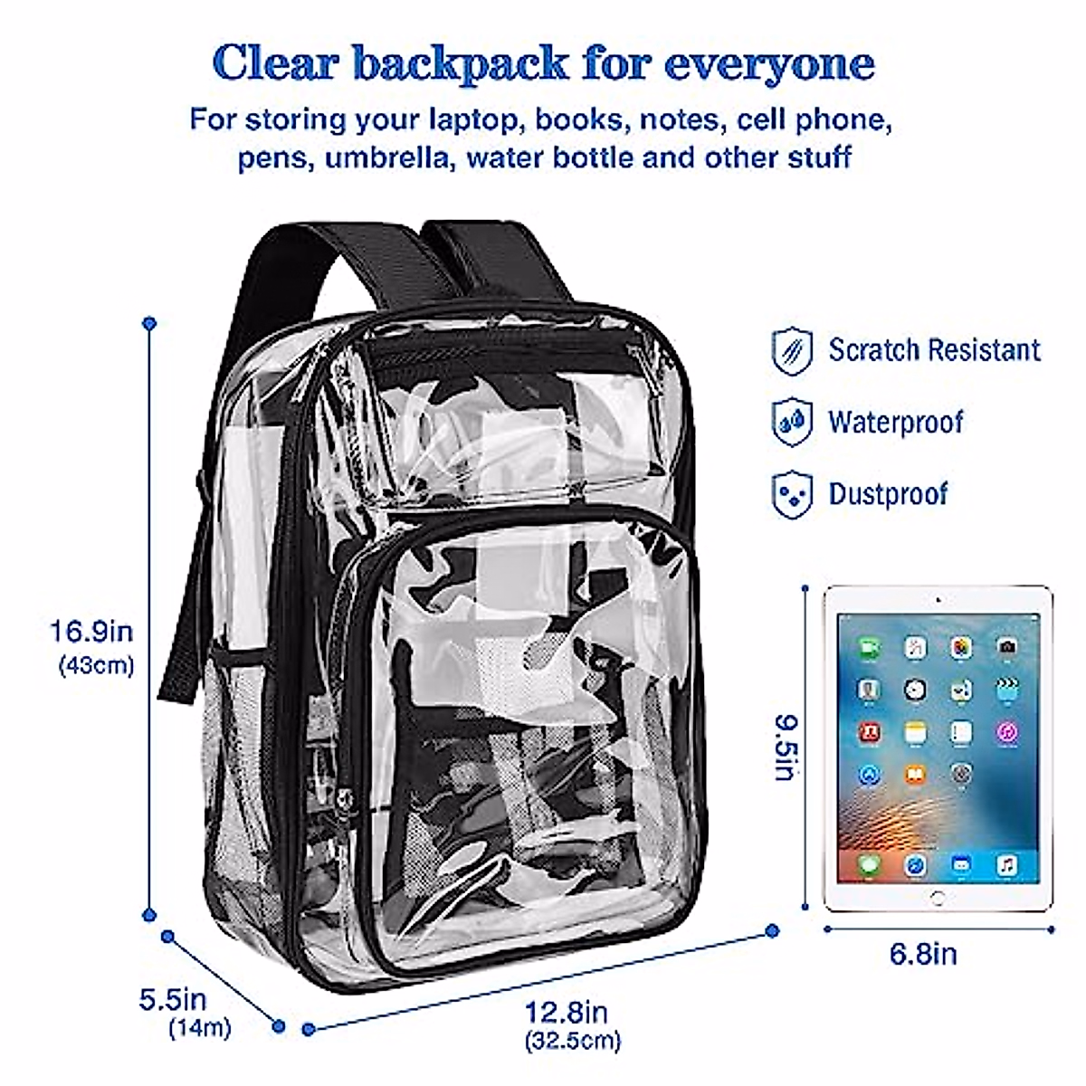 Birity Clear Backpack Heavy Duty,Large PVC Transparent Backpack,See Through Book Bag,Transparent Backpack For Teenager and Adults,Clear Bookbag for School,Sports,Work,Travel, College