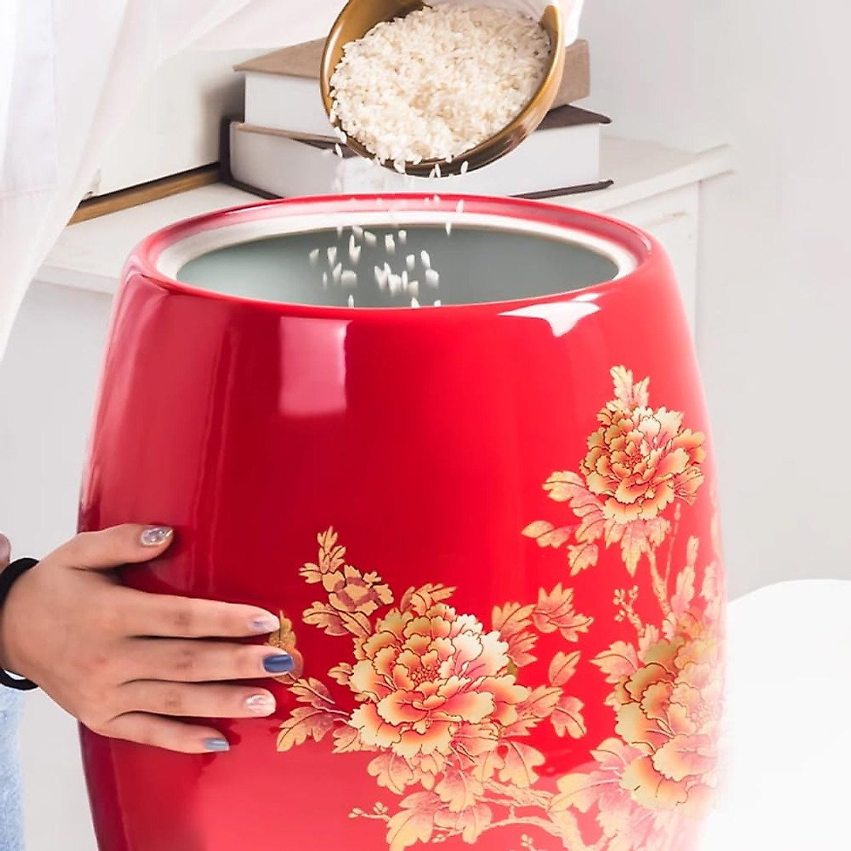 Ceramic Food Storage Jar Rice Storage Container Grain Storage Bin Ceramic Rice Bucket Rice Storage Box Sealed Rice Bin Cereal Rice Container for Kitchen(Red,15KG)