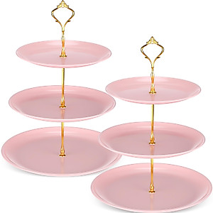 Set of 2 Cupcake Display Stands 3 Tier Serving Tray Platters Stainless Steel Cup Cake Tower for Birthday Party Wedding Cakes Dessert Cookie Candy (Pink)