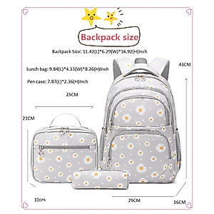 Daisy-Print 3Pcs School Bag Backpack Set for Teen Girls Elementary Middle Kids Waterproof Bookbag with Lunch Bag Pencil Case