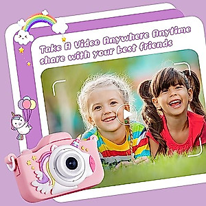 KIZJORYA Kids Camera, 2024 Upgraded 48MP HD Digital Selfie Camera Toys for Kids 3-12, Christmas Birthday Gift for Girls Boys with Unicorn Cover, Children Portable Video Camera for Toddlers-32GB(Pink)