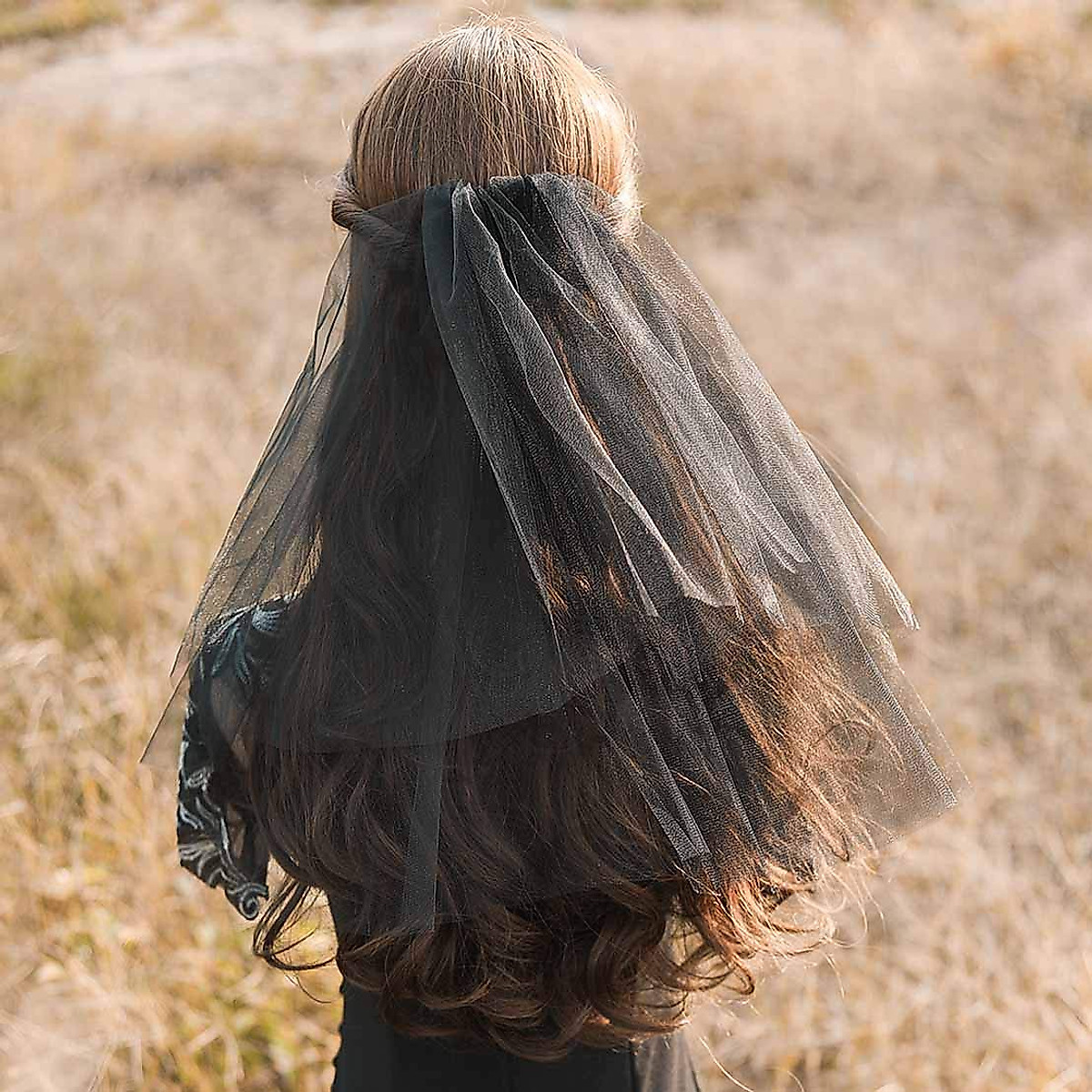 Fangsen Wedding Bridal Veil with Comb 2 Tier Tulle Short Veil (Black)