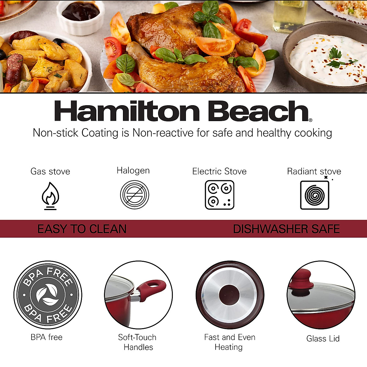 Hamilton Beach Low Dutch Oven Pot 12 Inch Red, Nonstick Cooking Pot with Soft Touch Bakelite Handle & Glass Lid | Superb Heat Conduction Deep Fryer Pot, Multipurpose Use