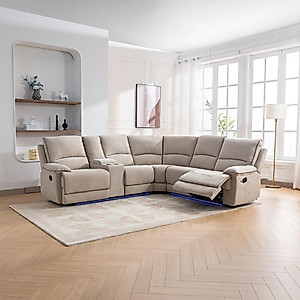 P PURLOVE Reclining Sofa for Living Room, Modern Manual Reclining Furniture Set with USB Ports, Hidden Storage, LED Light Strip and 2 Cup Holders, L-Shaped Velvet Couch for Apartment, Bedroom (Cream)