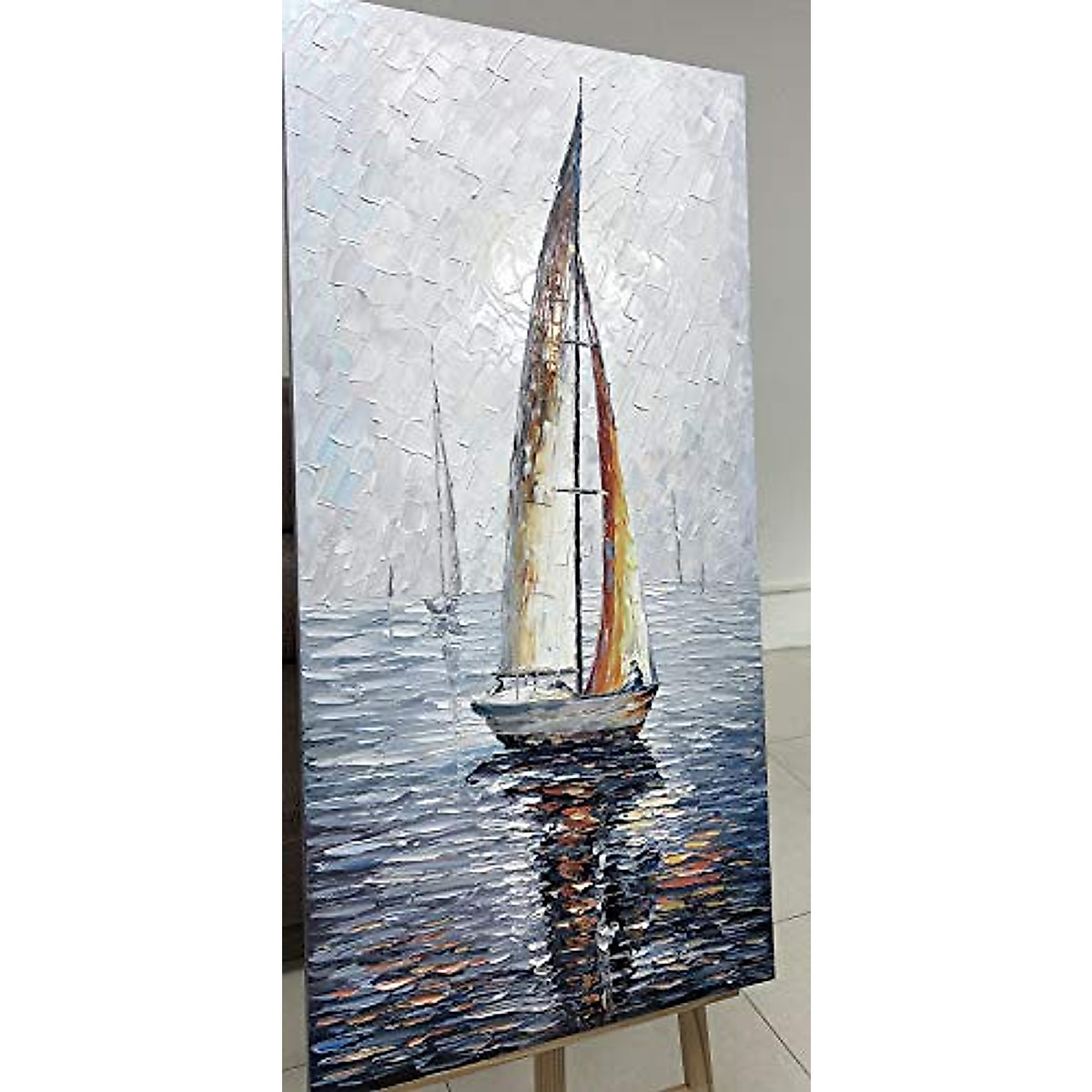V-inspire Art,24X48 Inch Modern Abstract Hand Painted Oil Paintings Sailing Boat On The Sea Acrylic Canvas Hanging Painting Living Room Bedroom Wall Art Home Decoration
