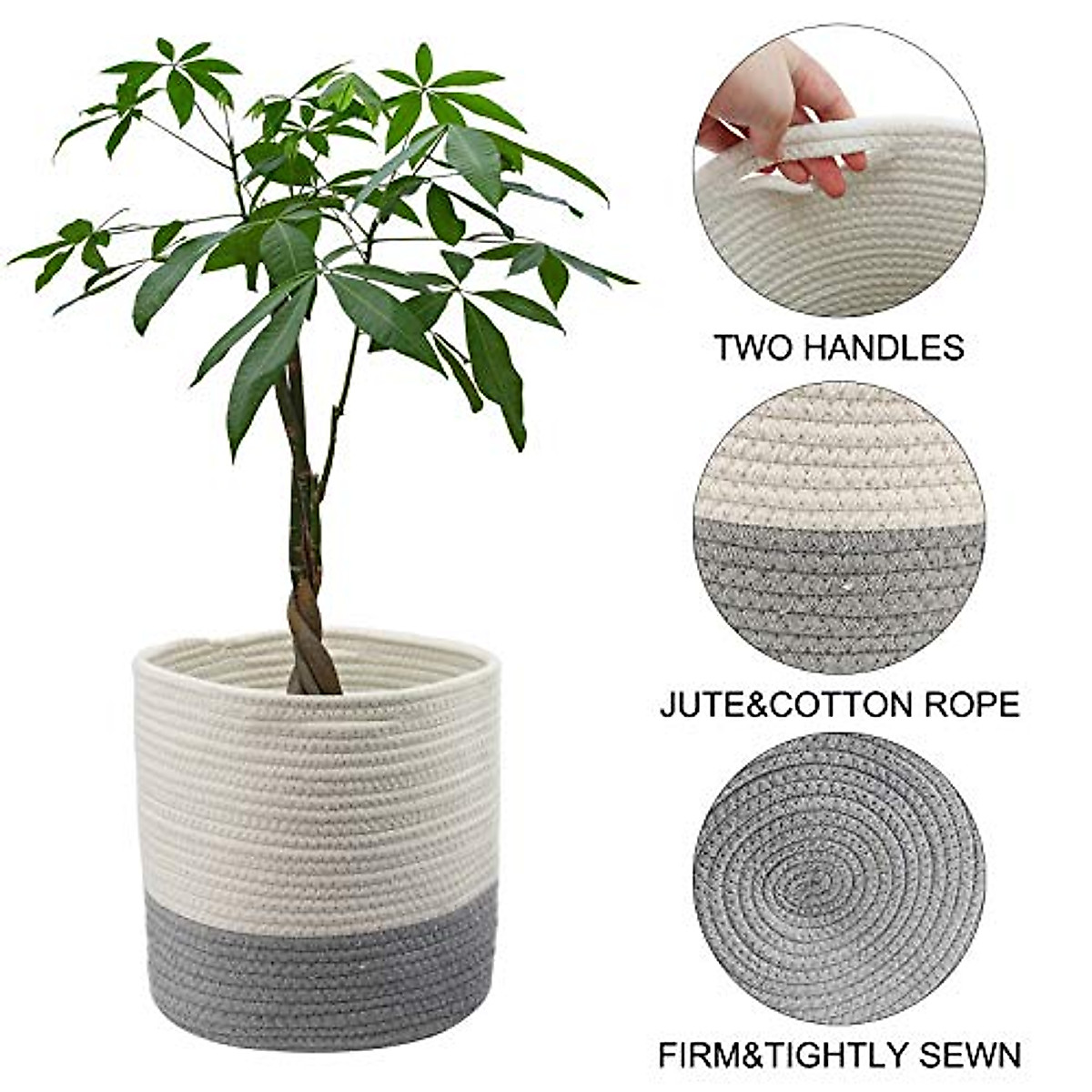 Finderomend 2-Pack Cotton Rope Plant Baskets Cotton Rope Woven Plant Basket for Indoor Plants | Neutral Round Cube Organizer Baskets Bin for Crafts, Toys, Towels and More (12"x12" and 10"x10")