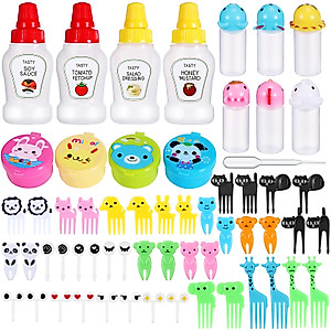 50 Pcs Kids Bento Box Accessories Including Food Picks Mini Condiment Bottles Ketchup Squeeze Bottles, Mini Soy Sauce Container with Funnel for Kids School Bento Camping Office Accessories (Animal)