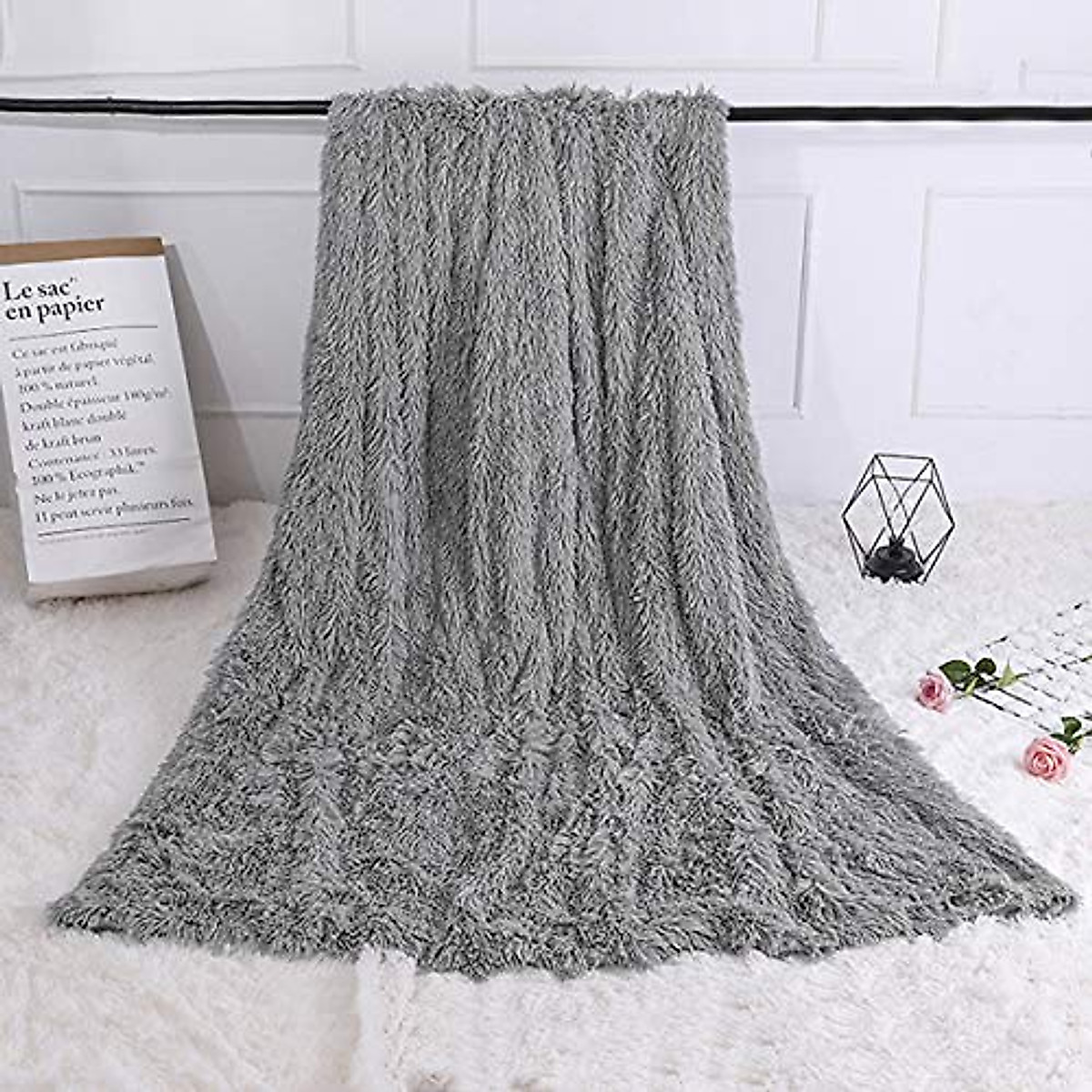 Softlife Home Decorative Fluffy Faux Fur Throw Blanket 50" x 60", Reversible Fuzzy Warm Sherpa Blankets for Couch Sofa Bed Throw Size (Grey)