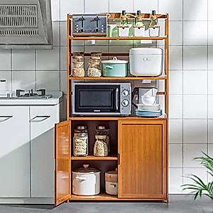MoNiBloom Bamboo Kitchen Storage Cabinet 5 Tier Freestanding Sideboard with 3 Open Shelves and Doors, Floor Cabinet, Display Unit for Home, Natural