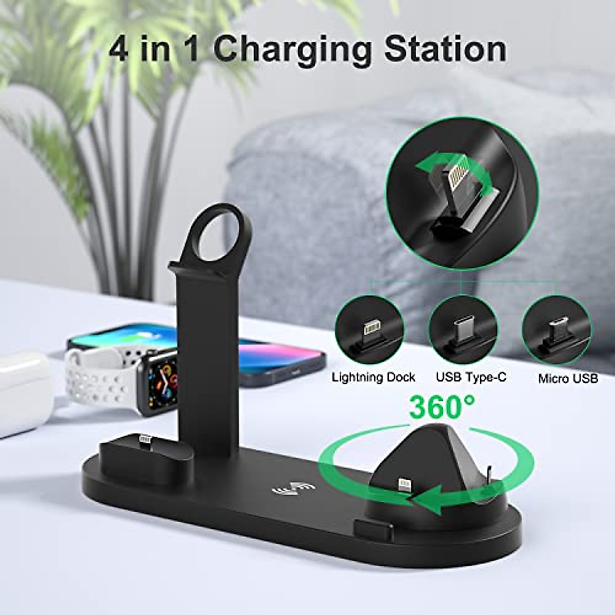 4 in 1 Wireless Charging Station for Apple Products, Wireless Charger for All Apple Watch/Airpods Series, Charging Dock for iPhone 14/14 Plus/13/12/11/X/Xs/8