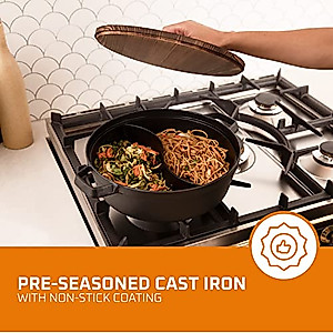 Bruntmor Pre-Seasoned 2-In-1 Cast Iron Big Pot With Lightweight Wooden Lid. Non-Stick Round Skillet Wok. Round Bottom Wok Pan With Lid For Shabu Shabu Hot Pot. 5 Quart, Black