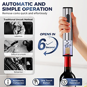[6-IN-1] Electric Wine Opener, Battery Operated Wine Bottle Opener with Foil Cutter, Wine Aerator, Vacuum Stopper, Storage Base & Carrying Case, Ideal Wine Accessories for Wine Lovers, Stainless Steel