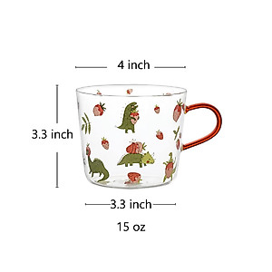 Sizikato Clear Glass Breakfast Cup with Handle, 15 Oz Milk Mug, Cute Dinosaur and Strawberry Pattern