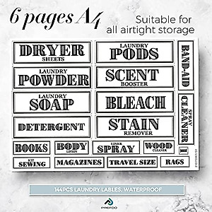 144 Laundry Room Labels for Containers, Prefdo Modern Farmhouse Waterproof Preprinted Canister Bin Stickers for Linen Closet and Laundryroom Organization(Black)