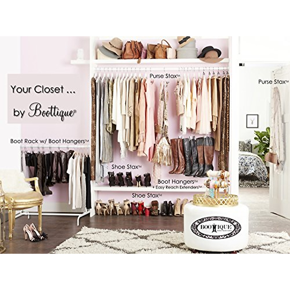 2-Pk Over Door Hanging Purse Storage - DURABLE, Holds 50 POUNDS, ROTATES 360 for easy access; Purses, Handbags, Satchels, Crossovers, Backpacks,12 Hooks, Chrome (Set of 2)