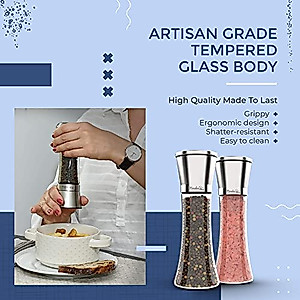 Salt and Pepper Grinder Set - 2 Pack - Pepper Mill, Salt Grinder, Refillable, Pepper Mill Grinder, Tall Glass Salt Pepper Grinder, Salt Pepper Grinder Set, Salt Pepper Set, Black Pepper Grinder