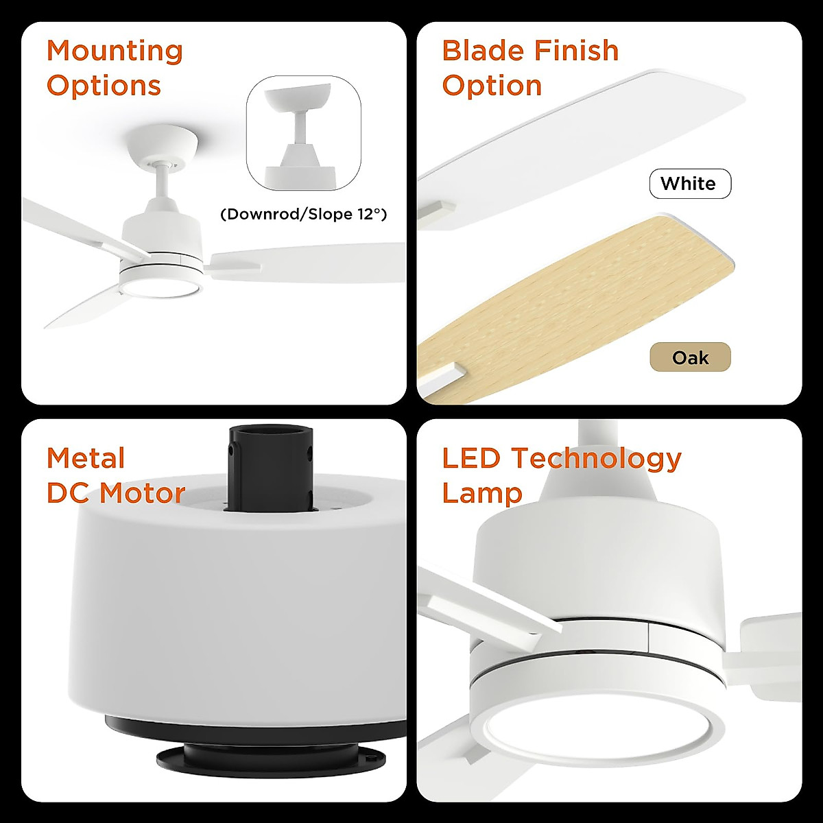 TALOYA 2 Pack 52 inch Ceiling Fans with Lights,Quiet Ceiling Fan with Reversible DC Motor and Remote for Home, White/Oak Finish