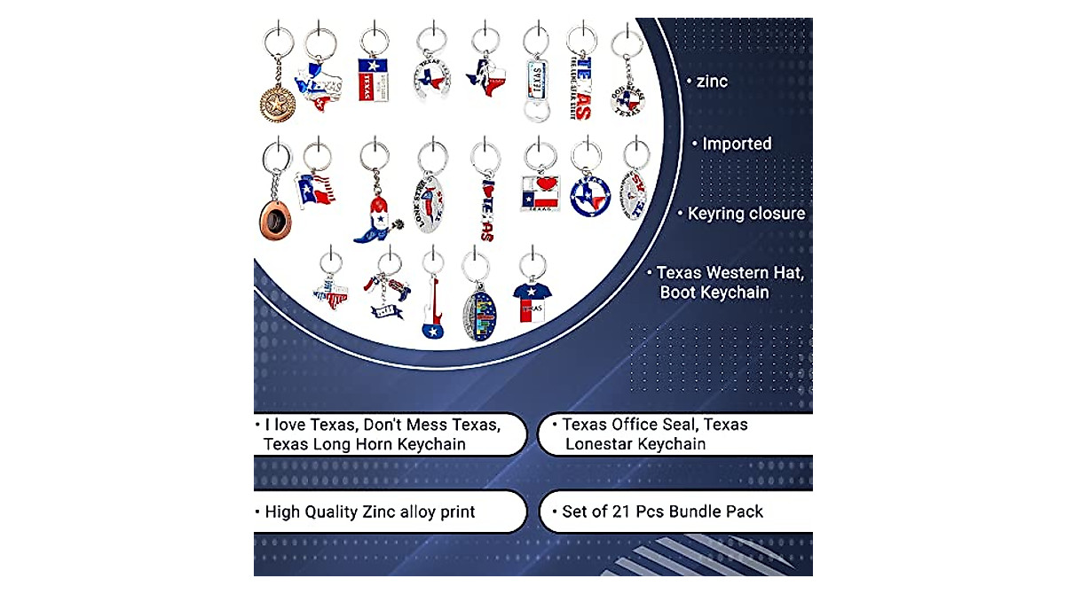 Texas Souvenir Keychains - 21 Pcs Metallic Bundle Set