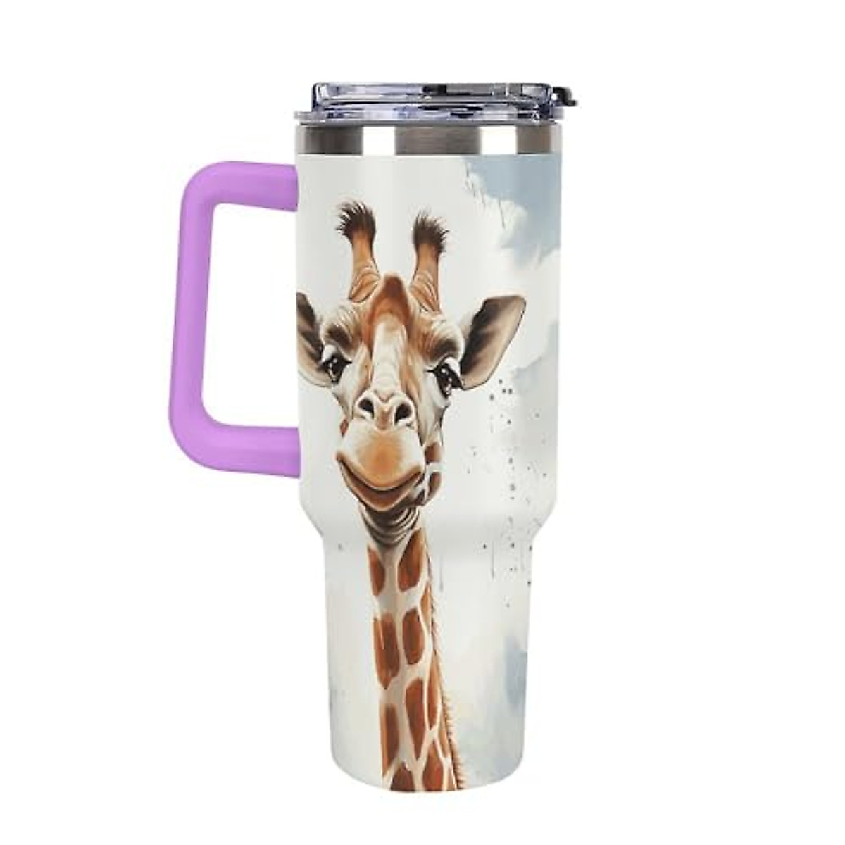 LLUTSNTH 40 Oz Vacuum Tumbler with Violet Handle Leakproof Insulated Tumbler Giraffe Stainless Steel Travel Mug with Lid And Straw Coffee Cup Cute Water Bottles Cup Holder Friendly