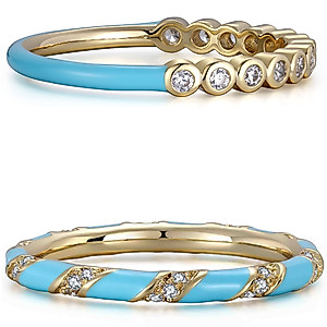 BLOSSOM & HUE Turquoise Ring Stacker Set | Size 7 | Two Tone CZ & Enamel Stacking Band | Set of 2 |Stackable Half Eternity