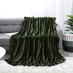 PiccoCasa Flannel Fleece Blanket Throw Size Army Green - Luxury Sofa Throws and Blankets with Ruffle Trim - Lightweight Plush Microfiber Solid Decor Blanket for Couch,Bed, Chair, 50" x 60"