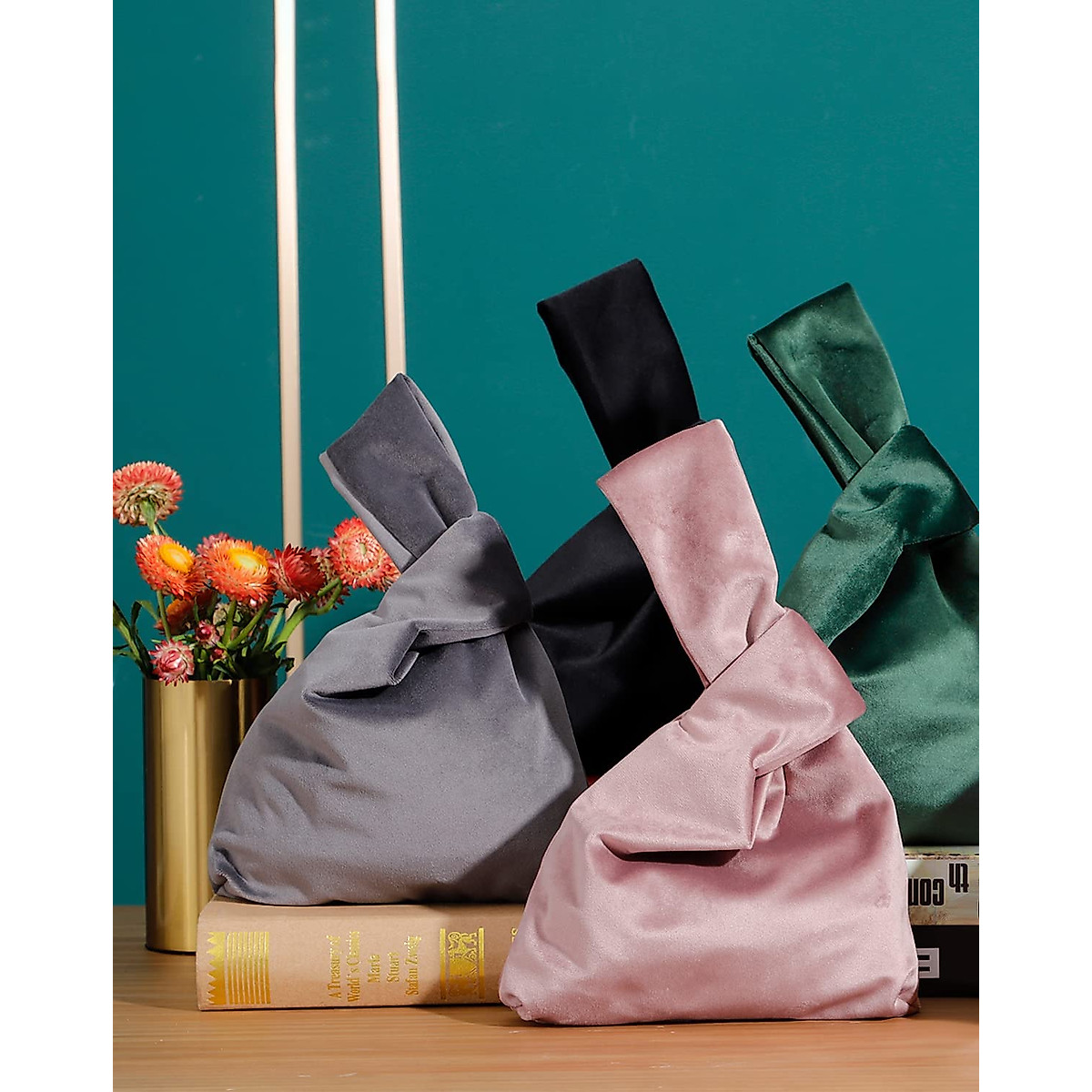 YuuTbiu Dark Green Knot Purse,Elegant Style Wrist Bag,Velvet Portable Wallet for Women middle