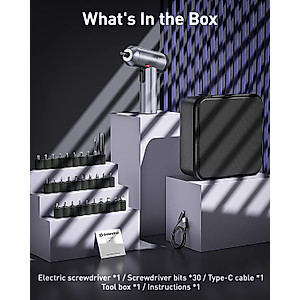 Electric Cordless Screwdriver with LED Display, 6 Torque Small Power Screwdriver, 30 Magnetic Bits, LED Light, 2200mAh USB Rechargeable Lithium-ion Battery for Home, Office, Apartment Repair - Purple