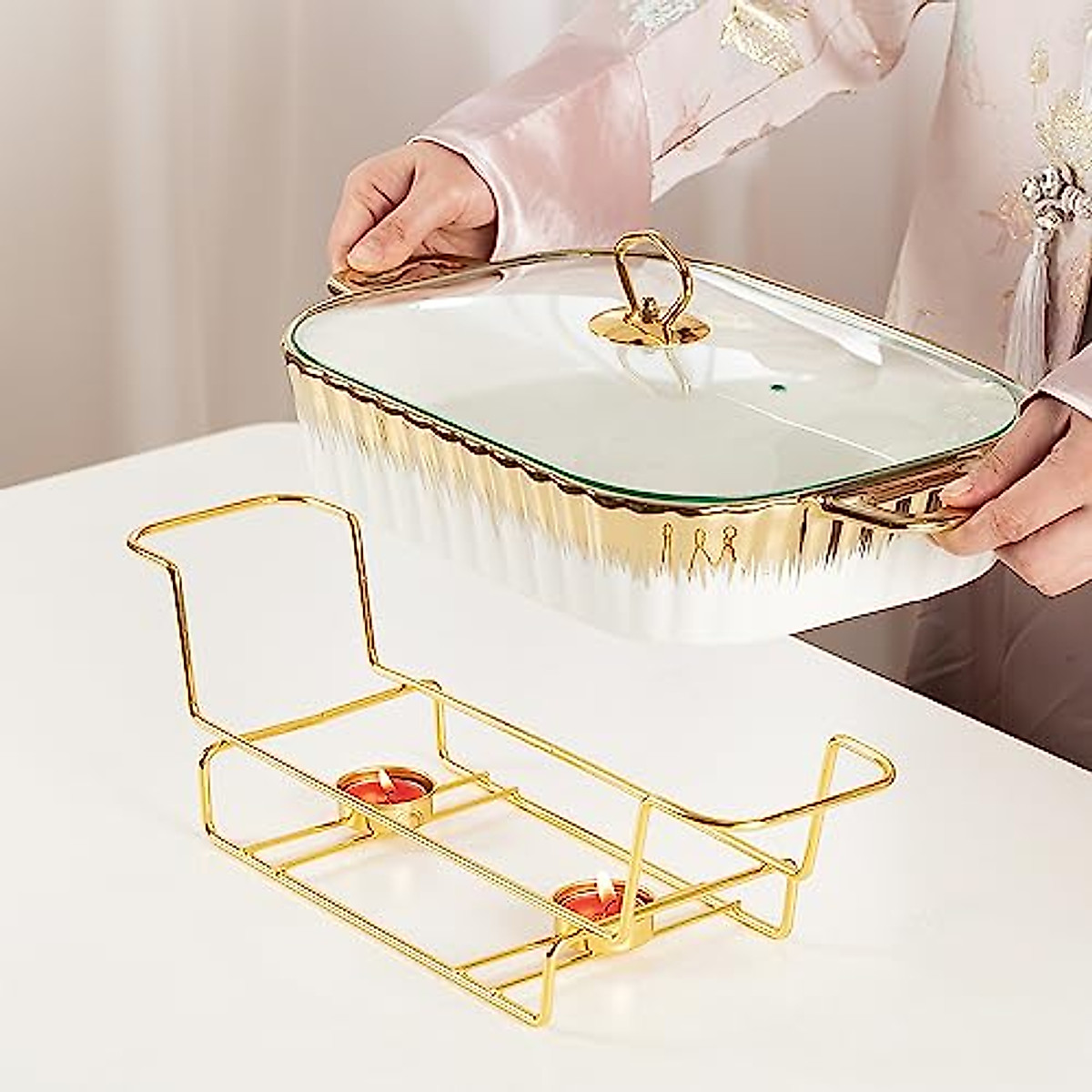 Rectangular Porcelain Casserole Warming Trays for Food, Ceramics Chafers, and Buffet Warmers Sets, Gold Plating Serving Dishes (Large 2.4 quarts)