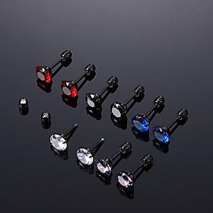 CASSIECA 5 Pairs Surgical Steel Screw Back Stainless Steel Stud Earrings for Women Men, Rainbow 5A Cubic Zirconia Sleeper Studs Hypoallergenic Earrings for Sensitive Ears 6mm