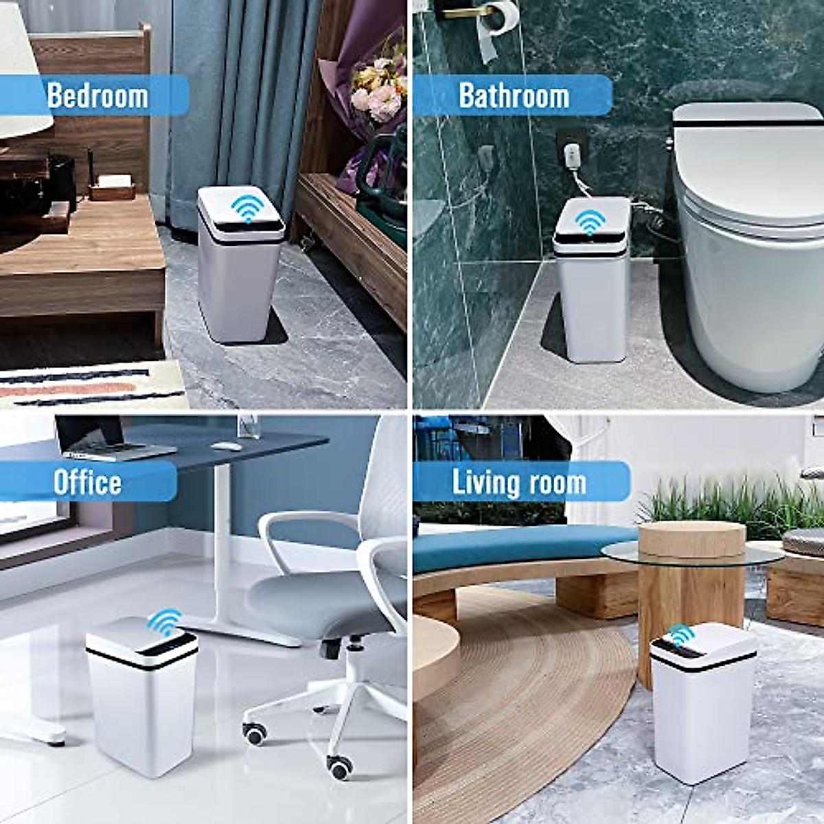 BIGEBAN Touchless Bathroom Trash Can with Lid, 2.5 Gallon Slim Smart Garbage Can, Automatic Motion Sensor Trash Can for Bathroom, Kitchen, Office, Bedroom, Living Room, Toilet (White)