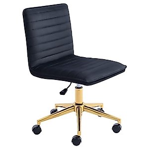 Furniliving Home Office Chair, Armless Vanity Chair with Wheels Swivel Velvet Computer Rolling Desk Chair with Back, Adjustable Accent Chair with Gold Metal Base Stool Chair,Black