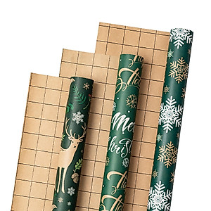 RUSPEPA Christmas Animals Wrapping Paper Rolls - 17 inches x 10 feet per Roll, Total of 3 Rolls - Green Design