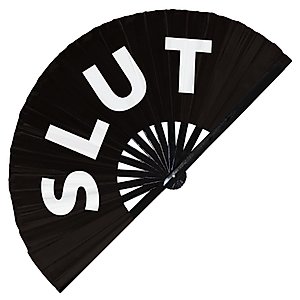 Slut hand fan foldable bamboo circuit rave hand fans skank hoe tramp words expressions funny statement gag gifts Festival accessories (Black)