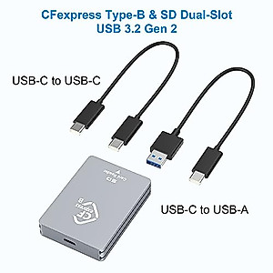 CFexpress Type B/SD Dual Slot Card Reader USB C, USB 3.2 Gen 2 10Gpbs, Compatible with CFexpress Type B Card/SD Memory Card, Aluminum CFexpress Card Adapter with USB C to USB C/USB A Cable