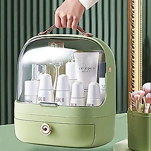 MIUOPUR Large Makeup Organizer with Brush Holder, Cosmetic Display Case with Drawer, Waterproof and Dustproof Transparent Cover, Portable Handle, Suitable for Bathroom and Bedroom -Green