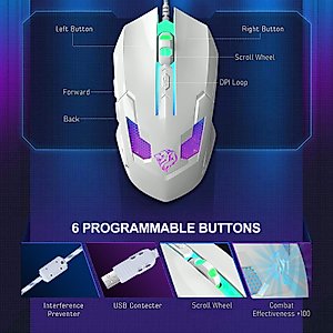 aMZCaSE Wired Mouse, RGB Optical Computer Mouse, USB Corded Mouse with 6 Buttons, 7200 DPI Adjustable Office and Home Wired Gaming Mouse for Laptop Windows PC Desktop Notebook-White